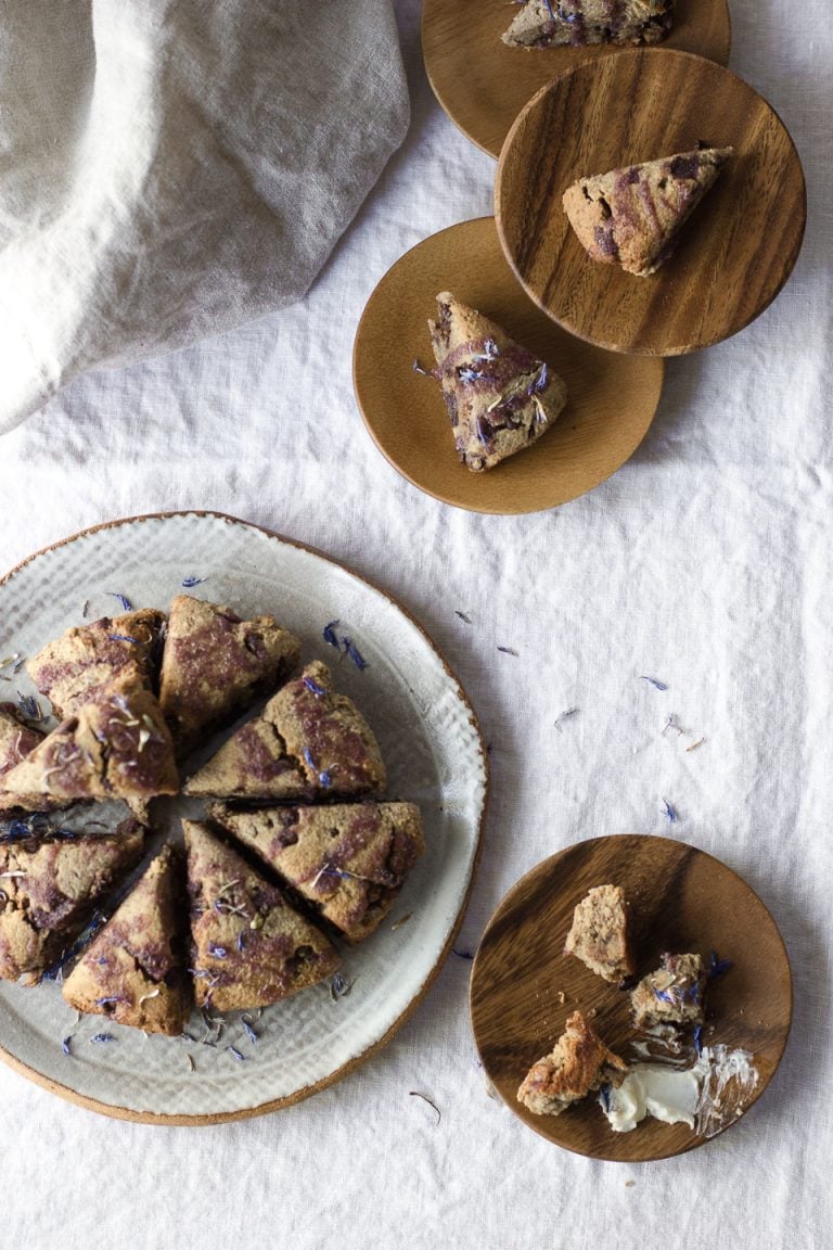Paleo Chocolate Chip Scones with a Kombucha Ube Glaze - Rezel Kealoha